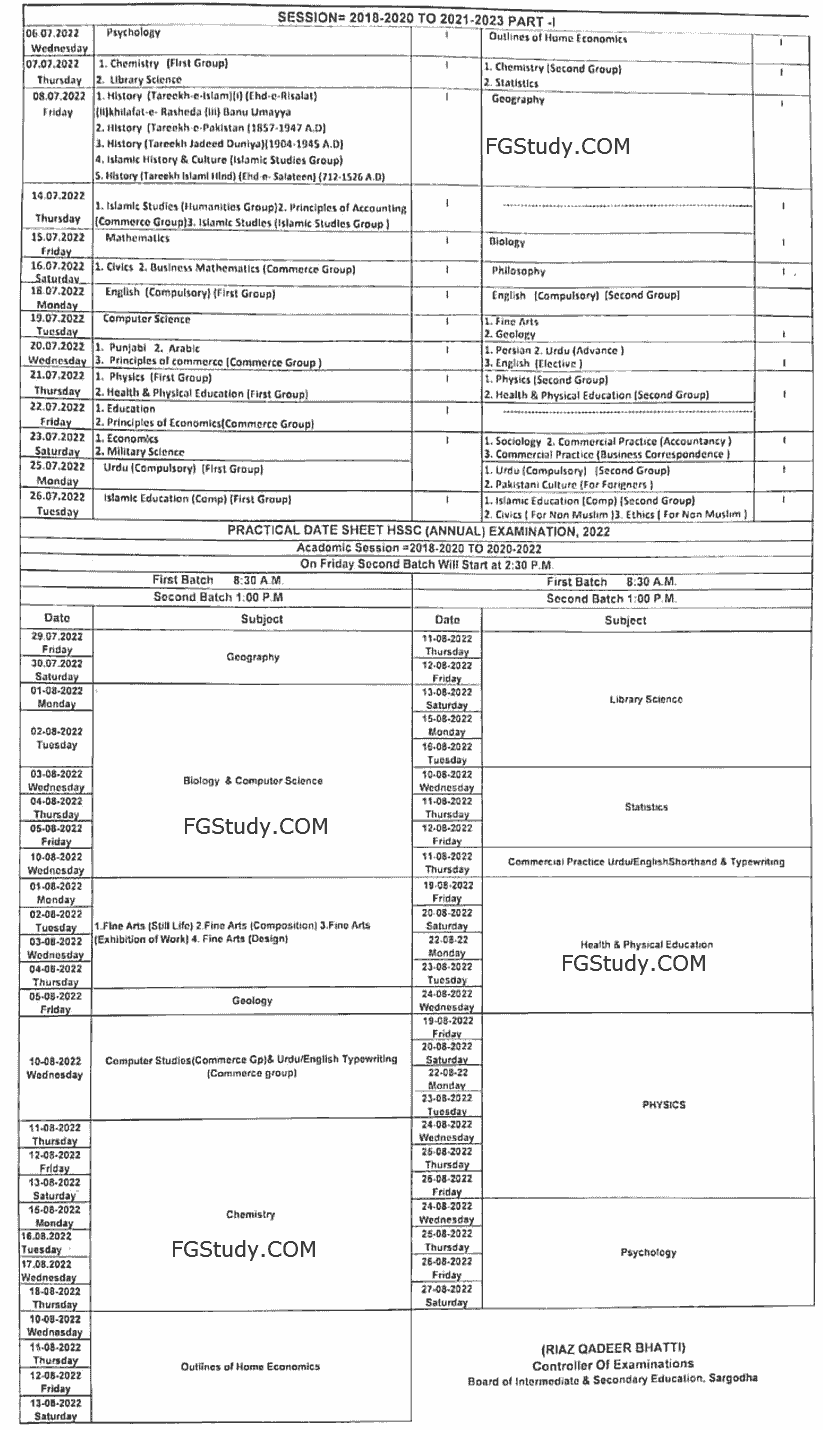 12th Class Date Sheet 2022 Bise Sargodha Board