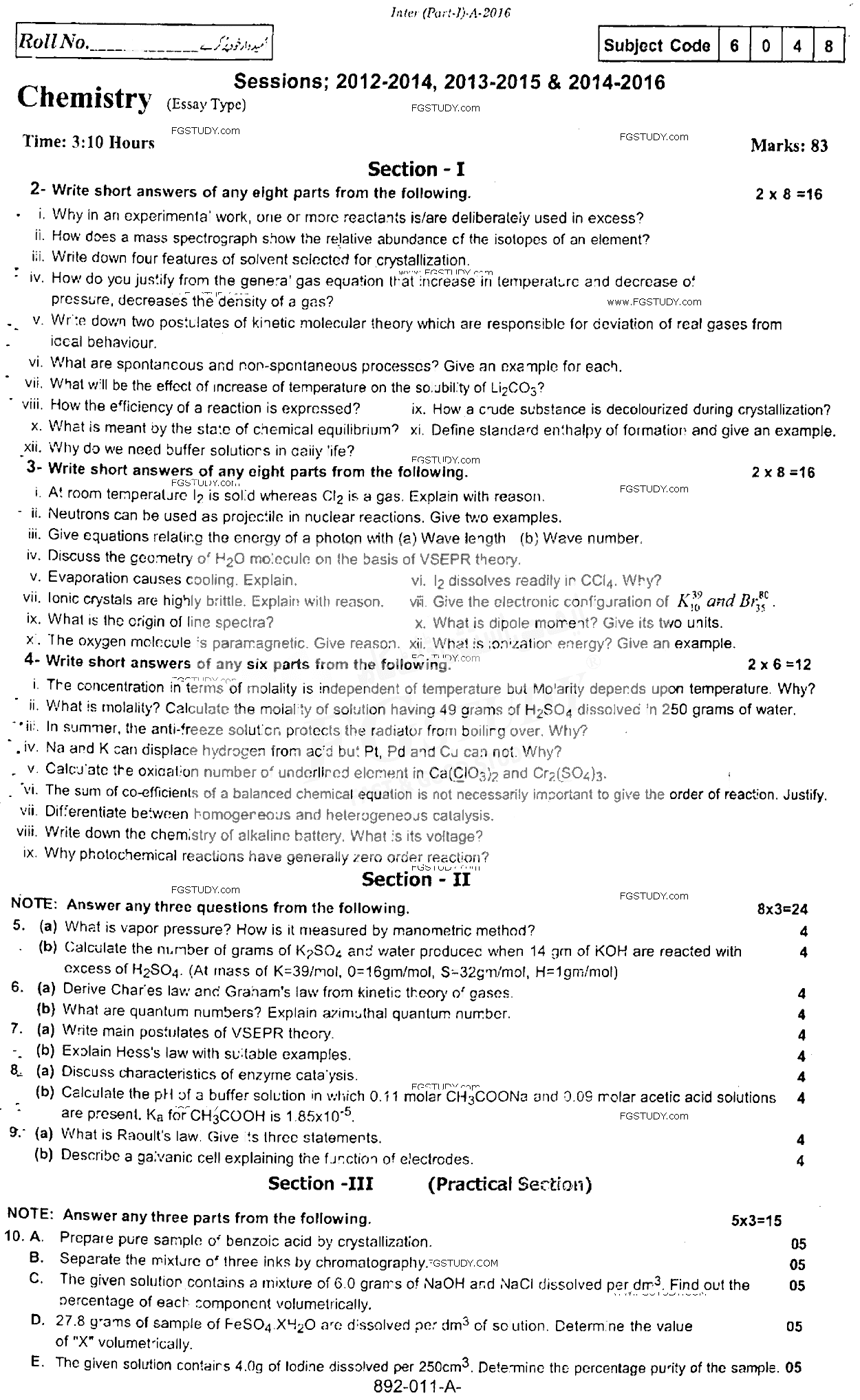 11th Class Chemistry Past Paper 2016 Rawalpindi Board Subjective 11th Class Chemistry Past Paper 2016 Rawalpindi Board Subjective