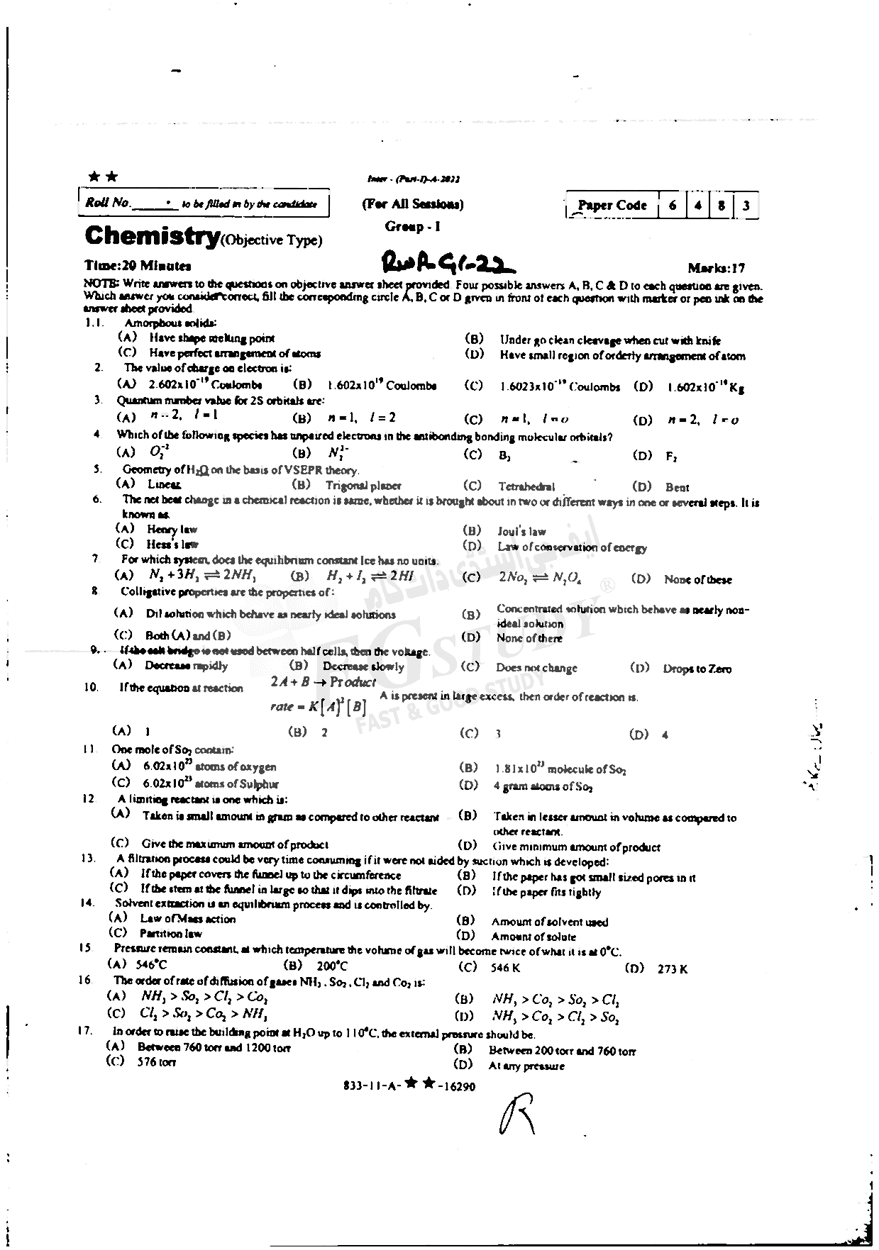 11th Class Chemistry Past Paper 2022 Rawalpindi Board Group 1 Objective 11th Class Chemistry Past Paper 2022 Rawalpindi Board Group 1 Objective