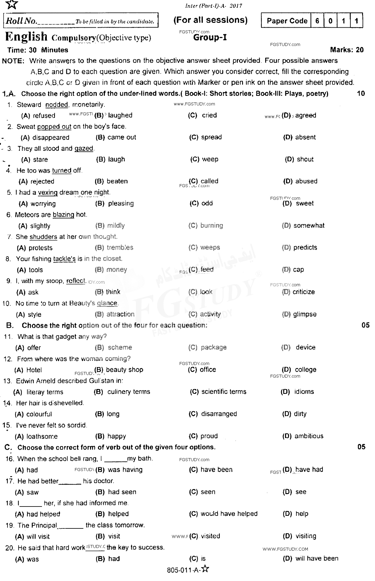 11th Class English Past Paper 2017 Rawalpindi Board Group 1 Objective 11th Class English Past Paper 2017 Rawalpindi Board Group 1 Objective