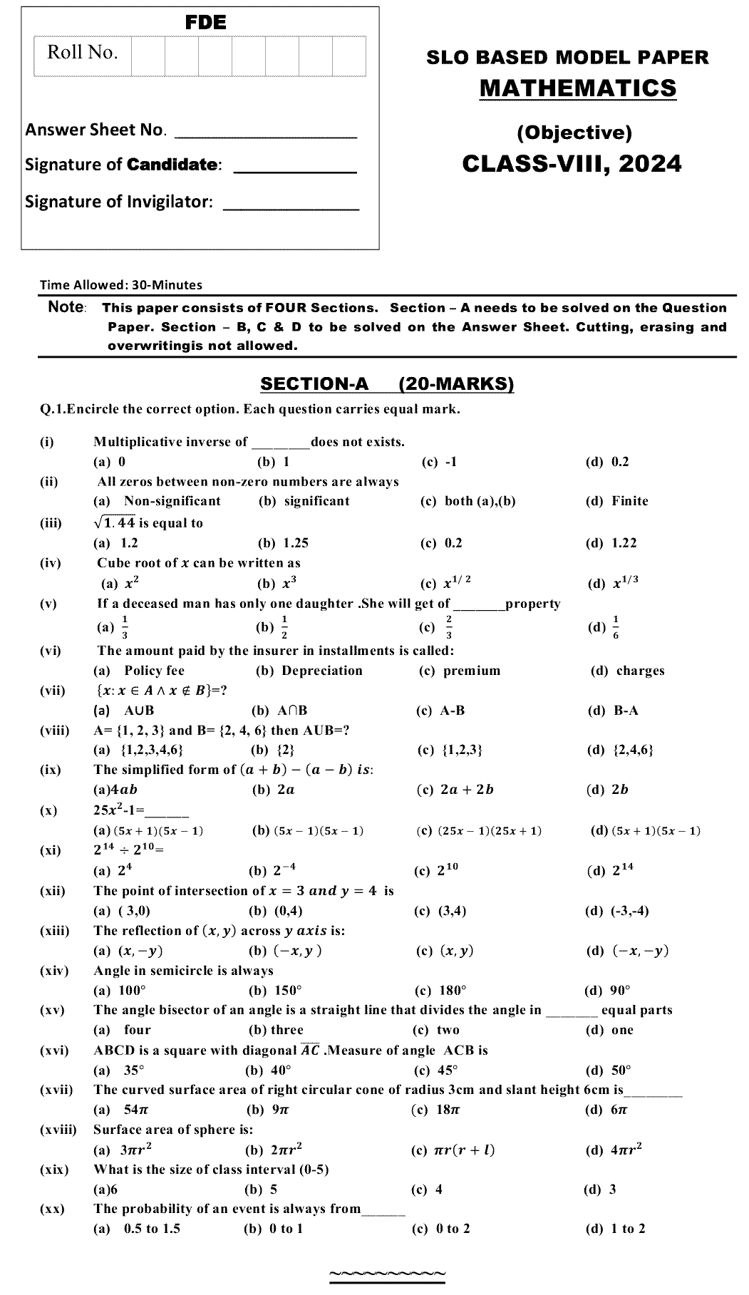 8th Class Mathematics Past Paper 2024 Federal Directorate Of Education ...