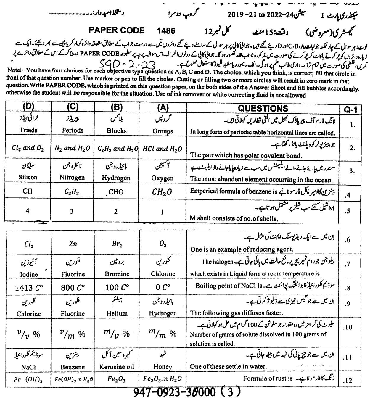 9th Class Chemistry Past Paper 2023 Sargodha Board Group 2 Objective 9th Class Chemistry Past Paper 2023 Sargodha Board Group 2 Objective