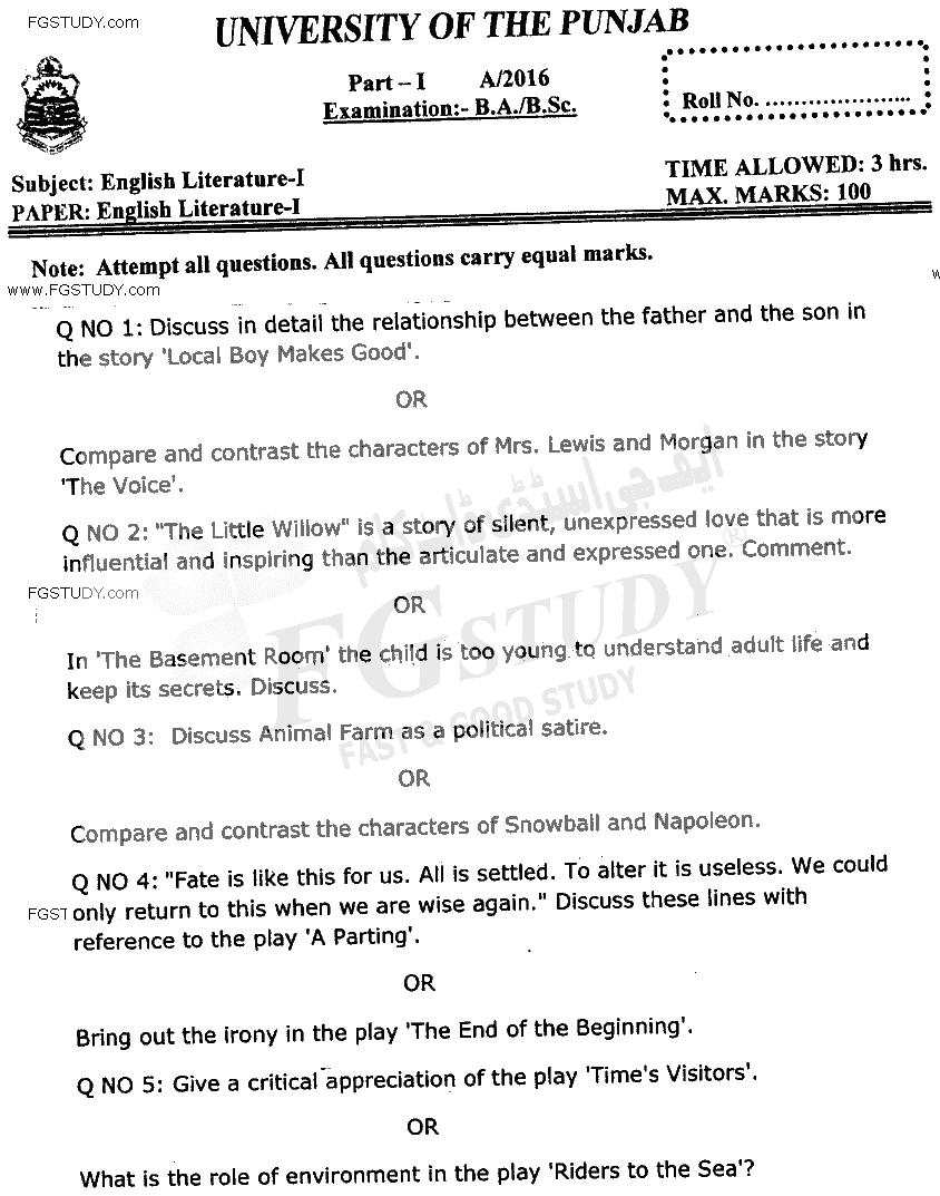 BA Part 1 English Literature Past Paper 2016 Punjab University