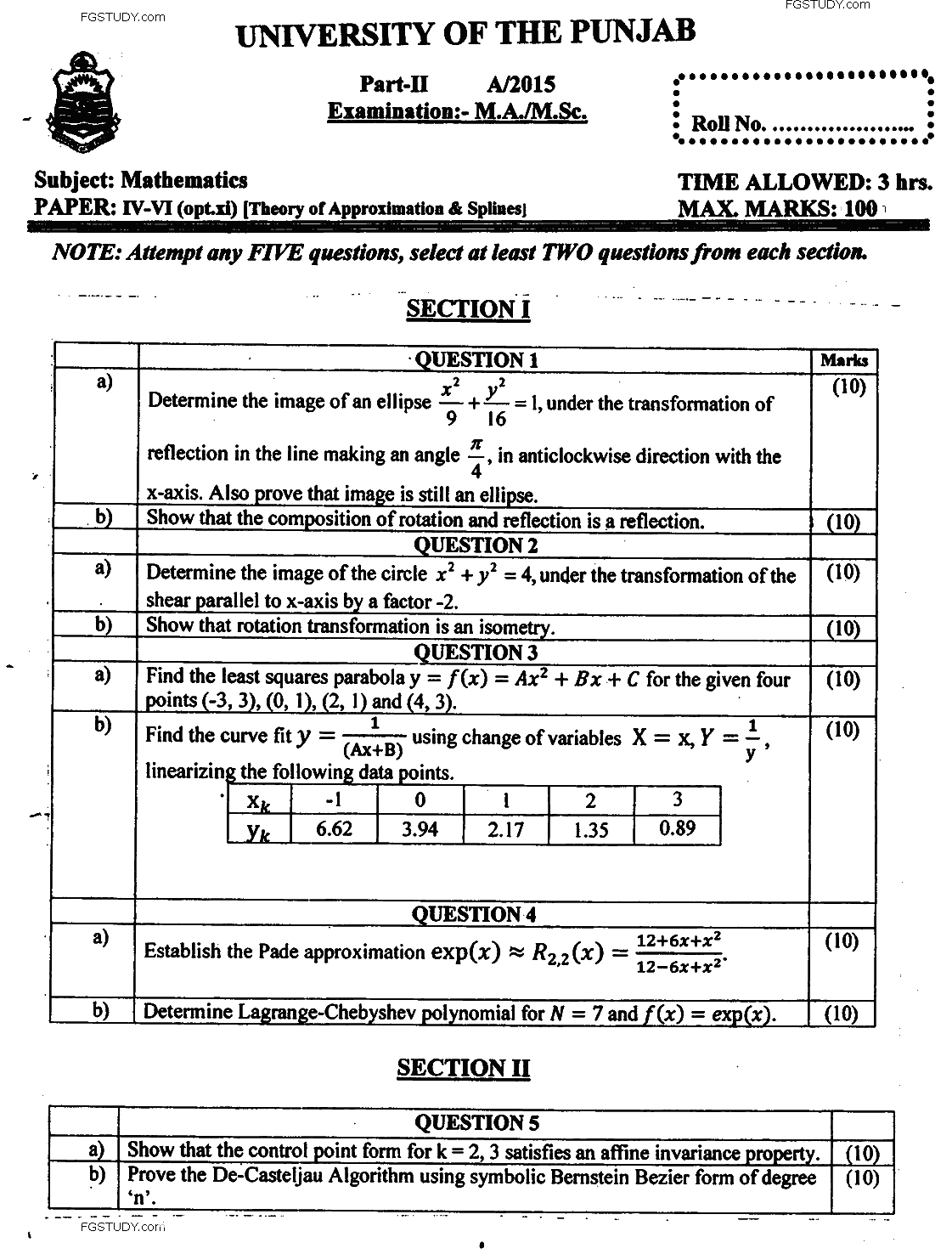 Msc Part 2 Mathematics Theory Of Approximation And Splines Past Paper