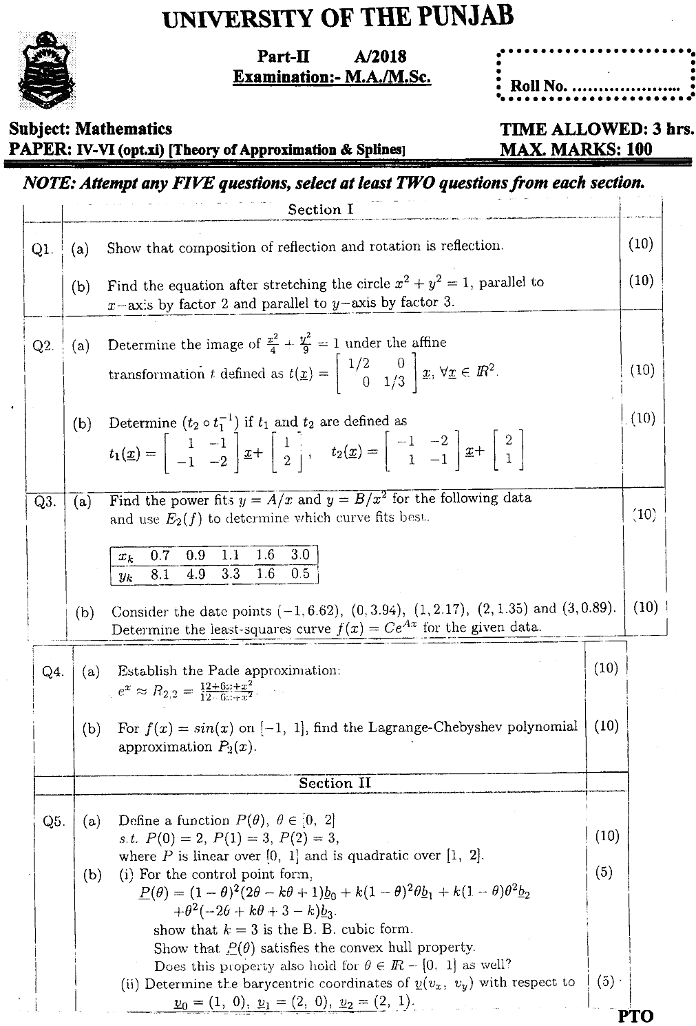 Msc Part 2 Mathematics Theory Of Approximation And Splines Past Paper