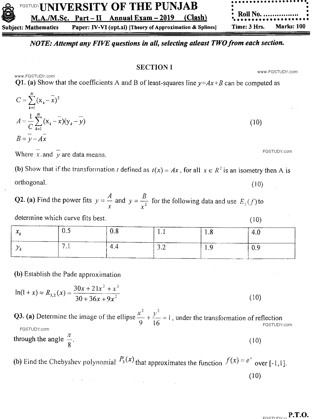 Msc Part 2 Mathematics Theory Of Approximation And Splines Past Paper