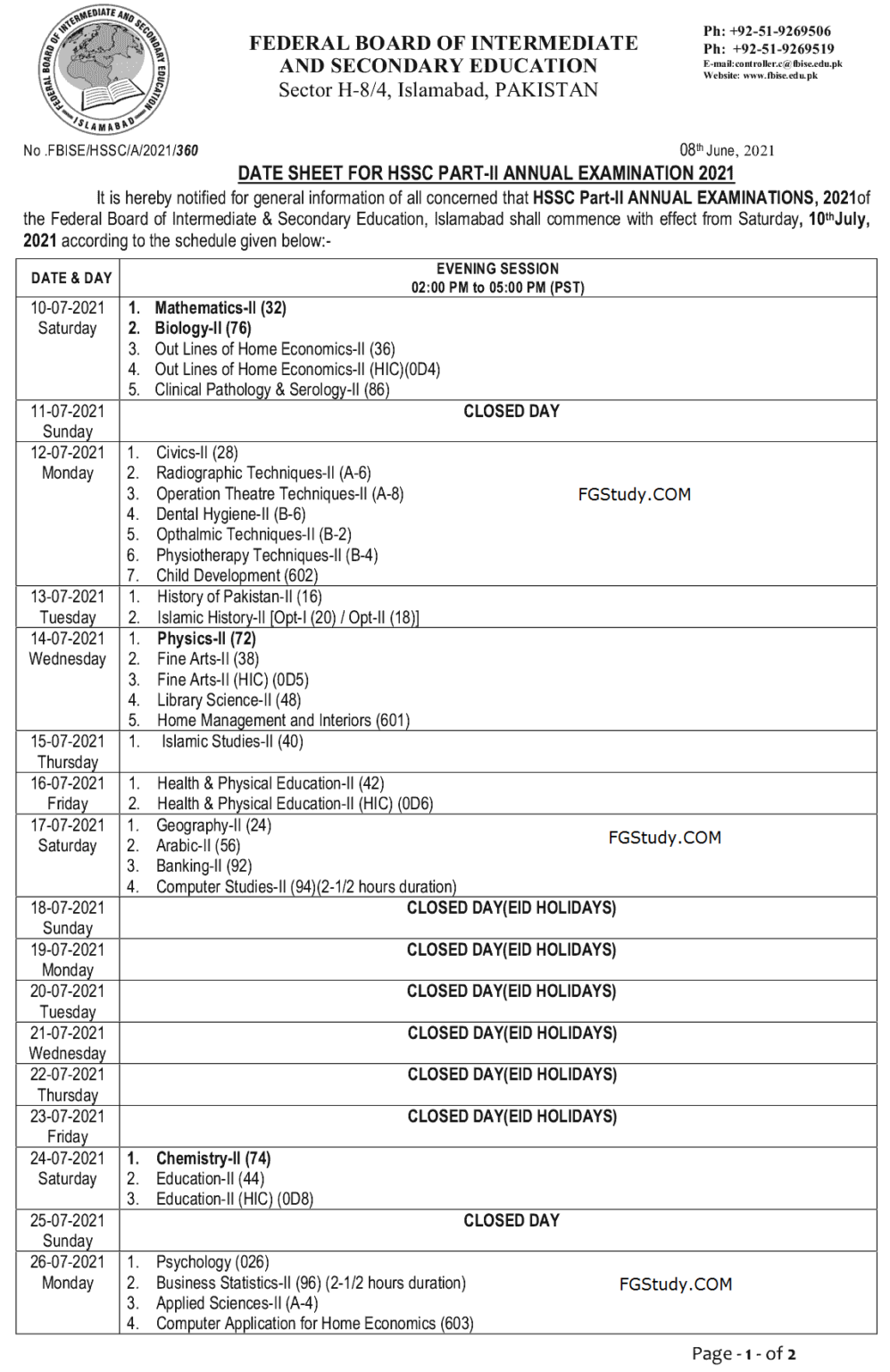 FBISE Date Sheet 2021 HSSC Part 2 - FG STUDY