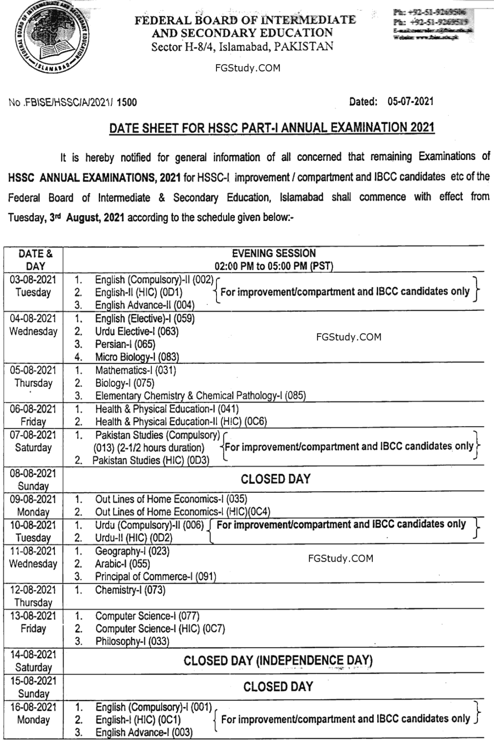 FBISE Date Sheet 2021 HSSC Part 1 - FG STUDY