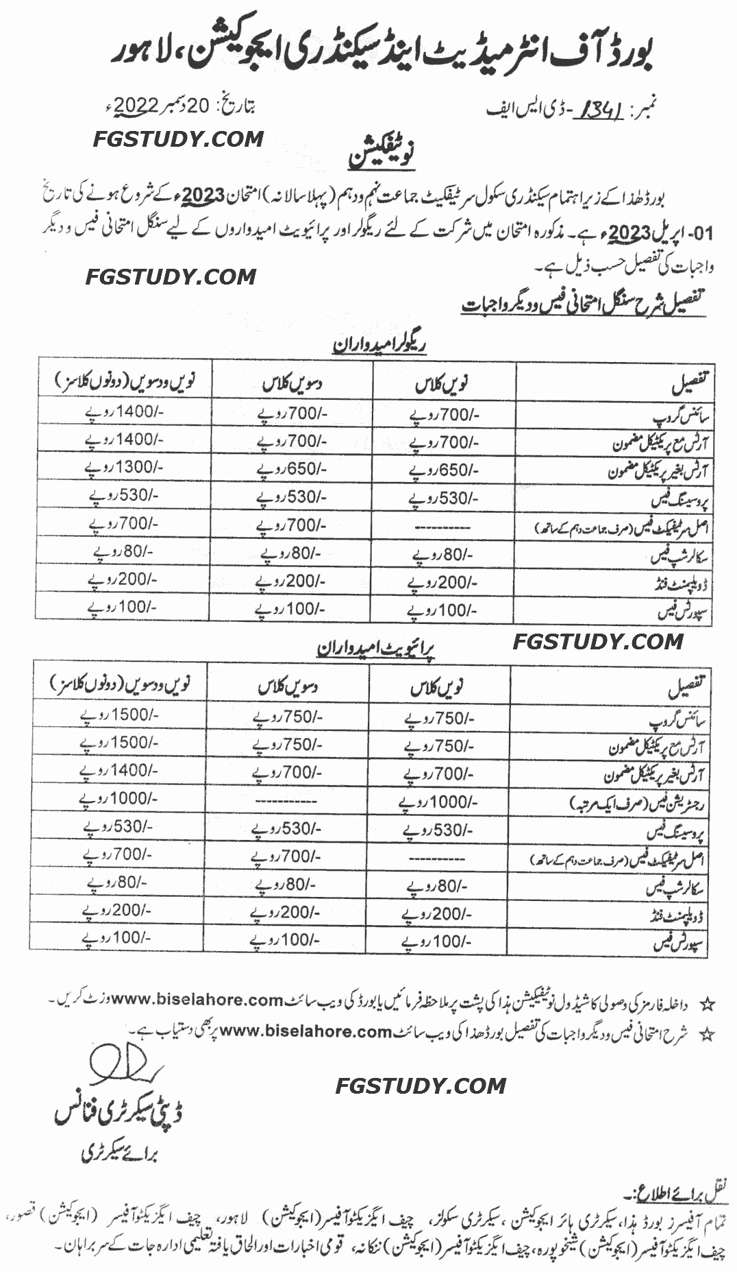 BISE Lahore Board Matric Exams Schedule 2023 - FG STUDY