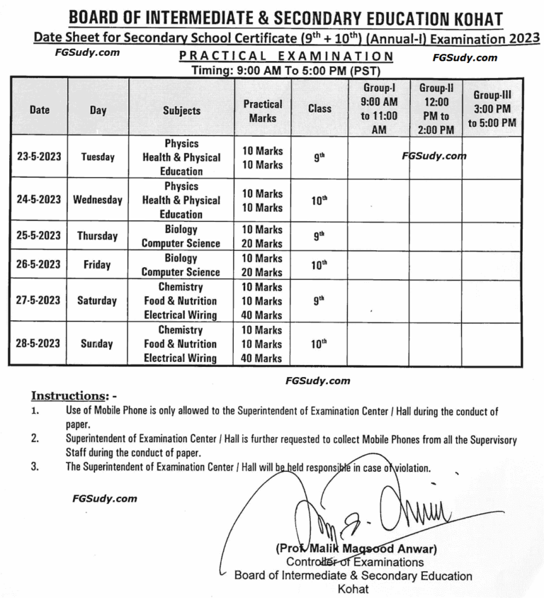 kohat board Date Sheet 2023 Class 10 Class 9 Revised - FG STUDY