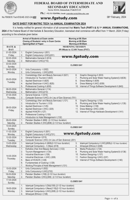 FBISE Matric Tech Datasheet 2024 - FG STUDY